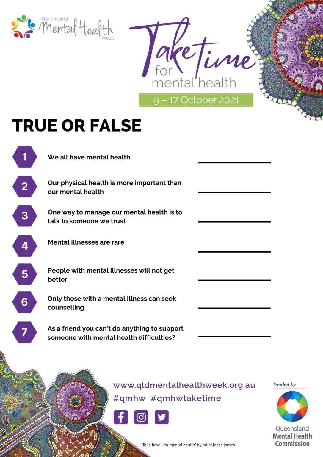 QMHW Activity Sheet True or False — Queensland Mental Health Week