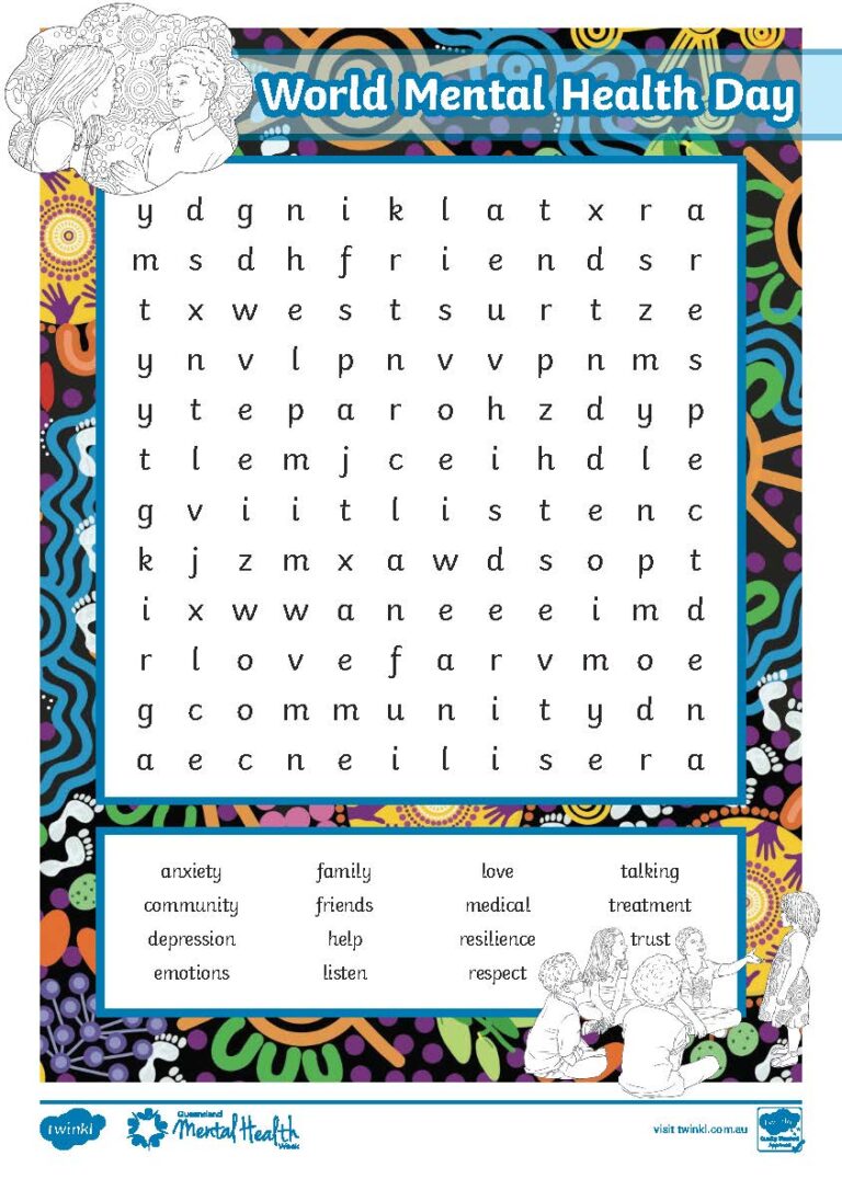 World Mental Health Day Word Search 3-6 — Queensland Mental Health Week